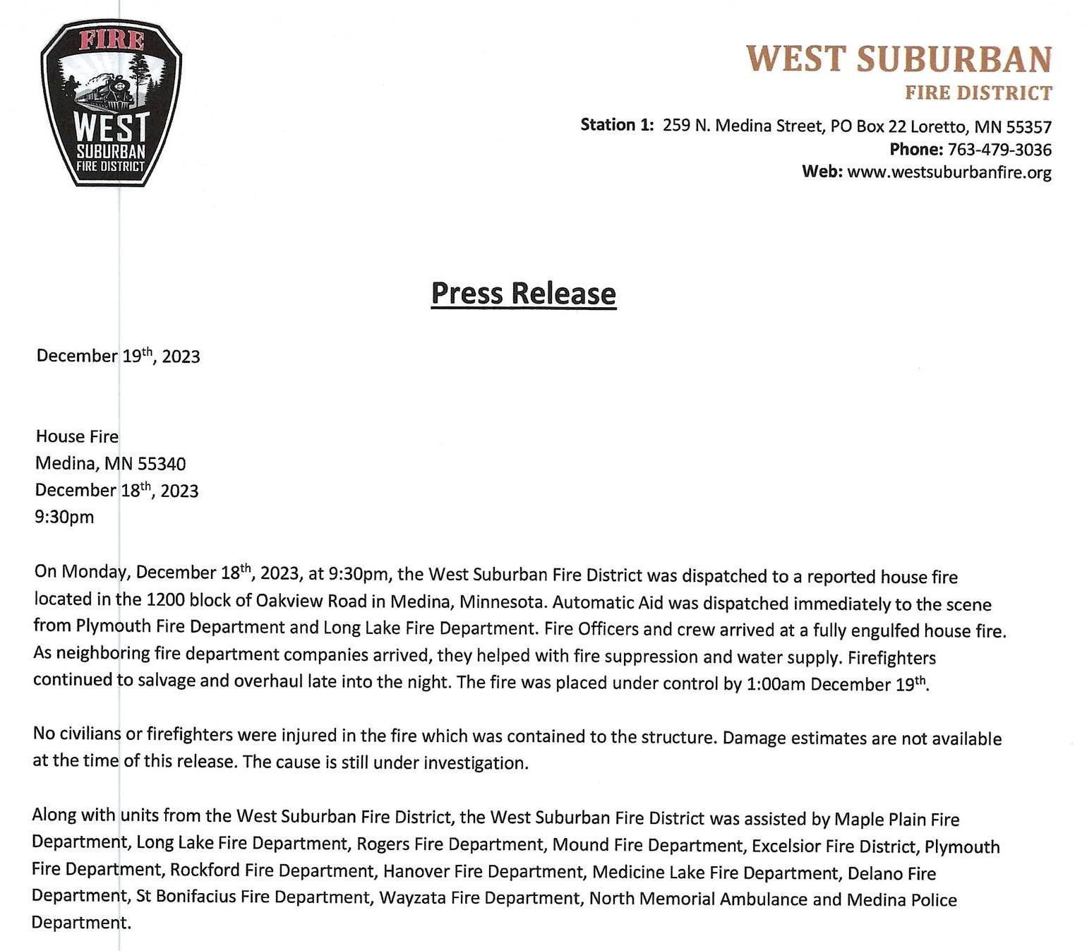 Structure Fire in Medina - West Suburban Fire District